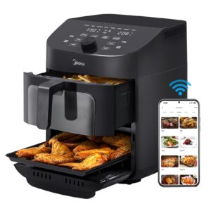 midea dual basket air fryer oven 11 quart 8 in 1 functions, clear window, smart sync finish, works with alexa, wi-fi connectivity, 50+ app recipes for family meals, bake, roast, grill, broil, toast