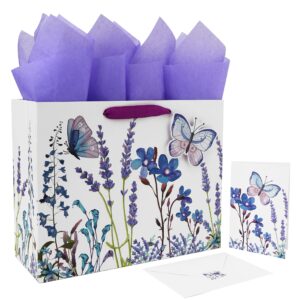 13" large purple gift bag set with greeting card and tissue paper (lavender and 3d butterfly) women's birthday, girls party, mother's day, wedding