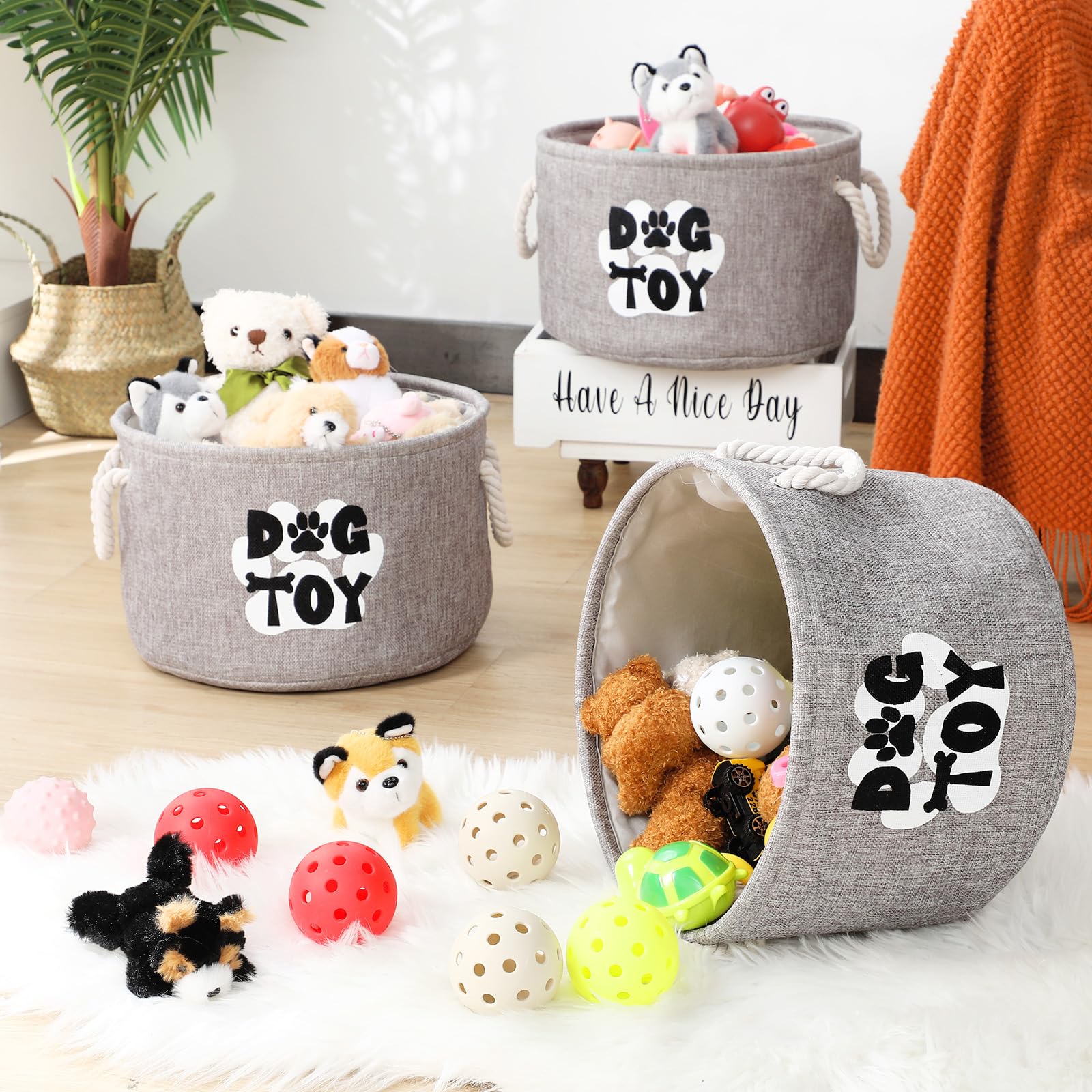 Wenqik 3 Pcs Dog Toy Storage Baskets Bin with Handle 13'' x 9'' Dog Toy Organizer Cute Dog Storage Bin Cotton Linen Gray Dog Toy Basket Box for Organizing Pet Toys Clothing