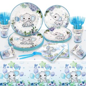 121pcs elephant baby shower decorations baby shower decorations boy includes paper plate, napkins, cups, forks, tablecloth, elephant theme party supplies for 24 guests