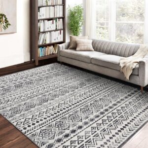 zacoo area rug living room rugs: 9x12 large soft washable farmhouse neutral rug with non slip backing black and white rug indoor floor carpet for bedroom dining table home office grey 9'x12'