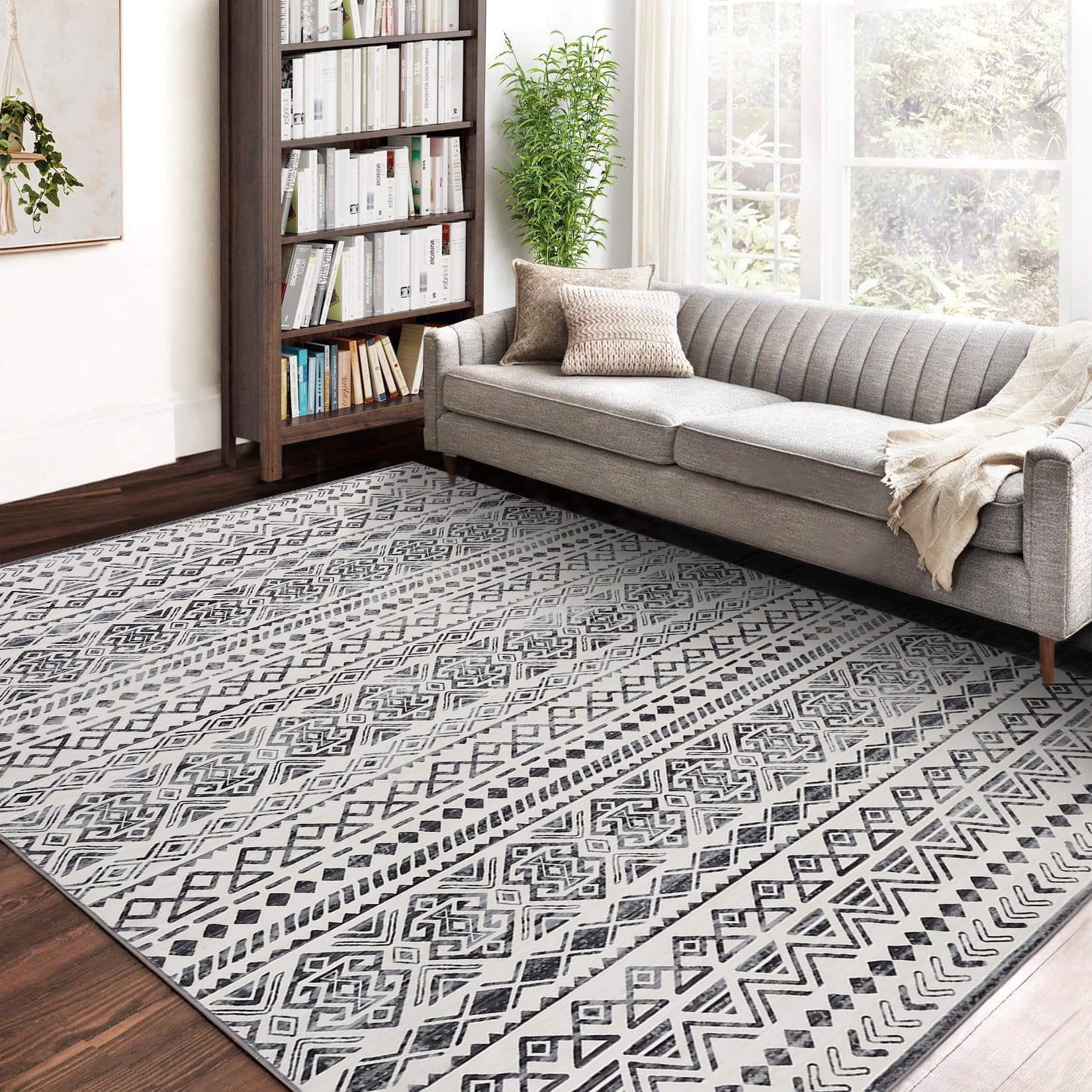 Zacoo Area Rug Living Room Rugs: 9x12 Large Soft Washable Farmhouse Neutral Rug with Non Slip Backing Black and White Rug Indoor Floor Carpet for Bedroom Dining Table Home Office Grey 9'x12'