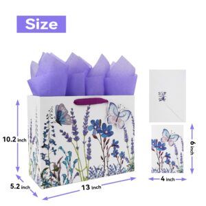 13" Large Purple Gift Bag Set with Greeting Card and Tissue Paper (Lavender and 3D Butterfly) Women's Birthday, Girls Party, Mother's Day, Wedding