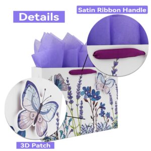 13" Large Purple Gift Bag Set with Greeting Card and Tissue Paper (Lavender and 3D Butterfly) Women's Birthday, Girls Party, Mother's Day, Wedding