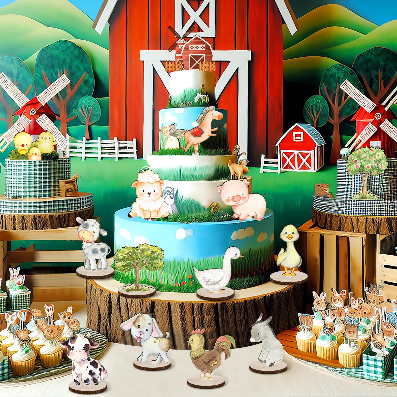 14Pcs Farm Animals Wood Table Centerpieces Farm Creatures Cutout Shapes Table Toppers Farm Themed Baby Shower Decorations Wooden Barnyard Farm Animal for Birthday Party Supplies