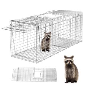 animal trap 32"x10"x12" cage trap, heavy duty folding raccoon traps, humane cat trap for stray cats,rabbits,squirrels,outdoor small animal trap,humane catch & release