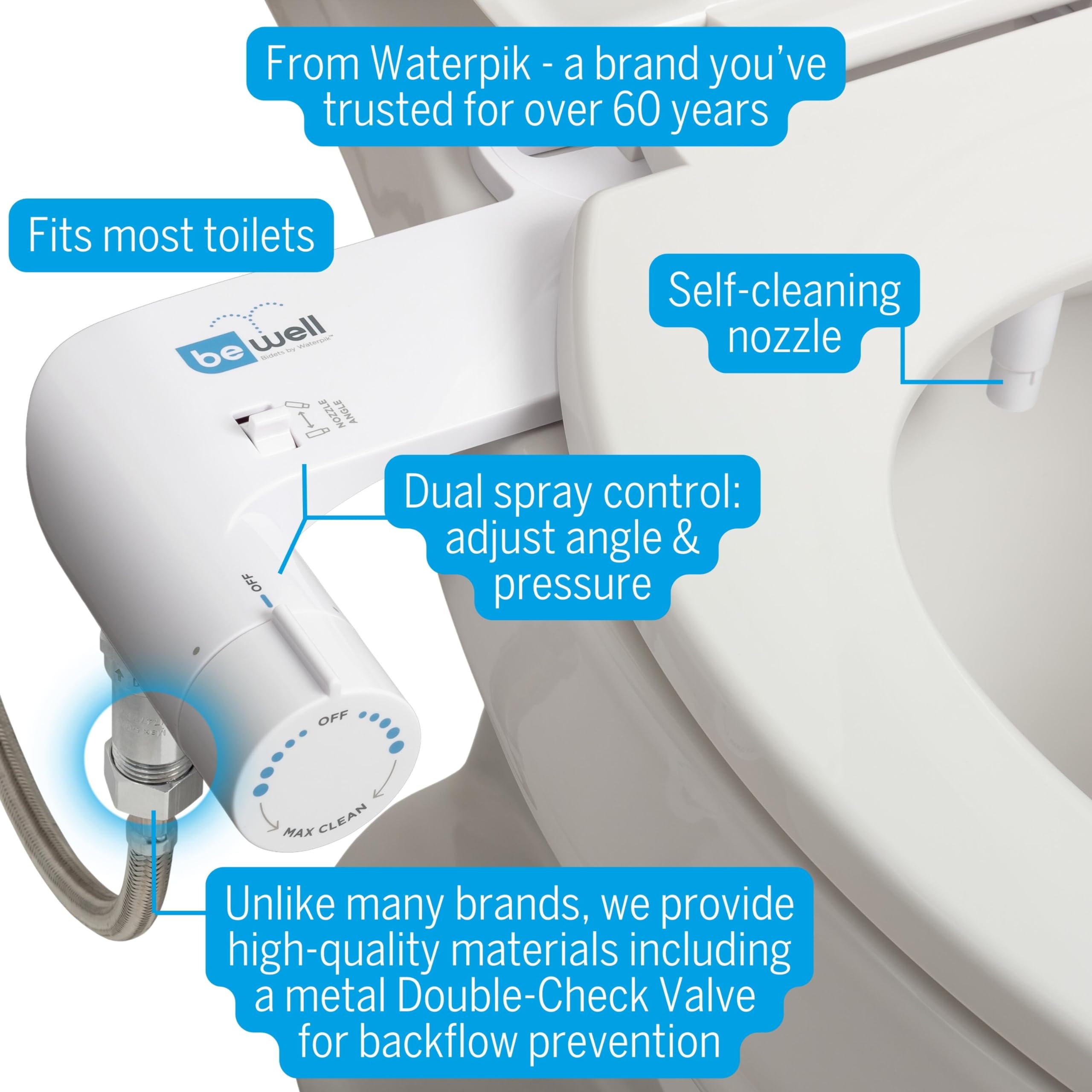 Waterpik BeWell Bidet Attachment BDT-001 Non-Electric Water Spray Angle and Adjustable Pressure, Self-Cleaning, Easy DIY Installation Toilet Seat Sprayer, White