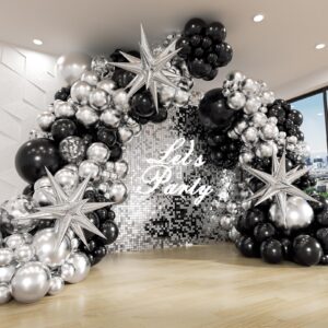 fotiomrg black and silver balloons garland arch kit with 3pcs star balloon, metallic sliver and black balloons for birthday graduation baby shower disco new years party decorations