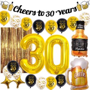 30th birthday decorations for him,black and gold 30th birthday decorations with banner number 30 balloons curtains and balloons