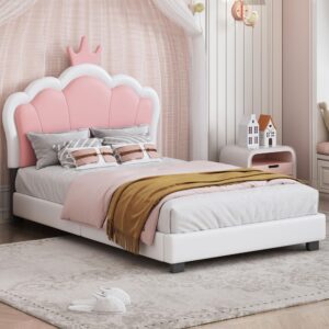 bellemave twin size princess bed frame with crown headboard, pu upholstered princess twin bed for girls,kids twin platform bed,(twin,white)