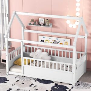 twin size floor montessori bed for kids, wooden twin house floor bed frame with rails fence, kids twin floor bed playhouse bed frame for girls, boys, white