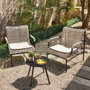 east oak 3-piece patio furniture set, outdoor bistro set with pe rattan wicker wide chairs, soft cushions & coffee table, modern all-weather wicker patio set for garden and porch, creamy apricot