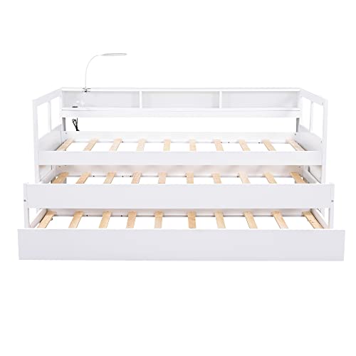 RORIGAT Twin XL Wood Daybed with 2 Trundles, 3 Storage Cubbies, 1 Light for Free and USB Charging Design, No Box Spring Needed, Wooden Platform Bed for Kids Teens Adults,White