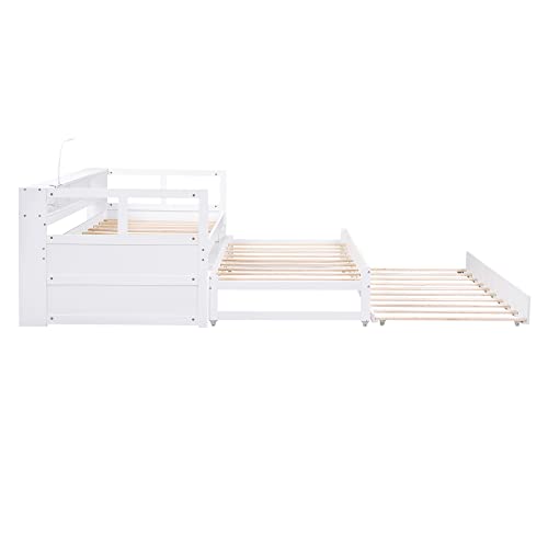 RORIGAT Twin XL Wood Daybed with 2 Trundles, 3 Storage Cubbies, 1 Light for Free and USB Charging Design, No Box Spring Needed, Wooden Platform Bed for Kids Teens Adults,White