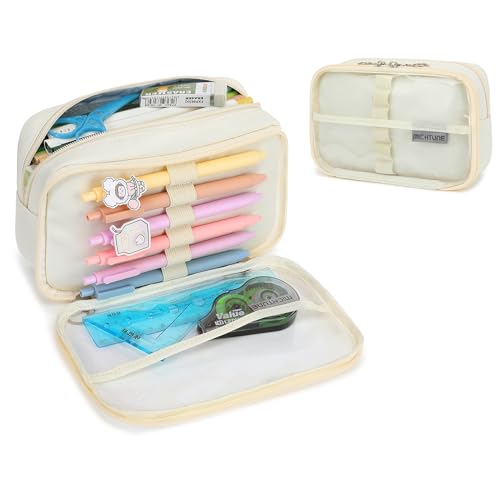 MICHTUNE Pencil Case, Large Capacity Zipper Pencil Pouch, Multi- Slot Pen Bag, Transparent Makeup Bag, Portable Office Stationery Pencil Bag (White)