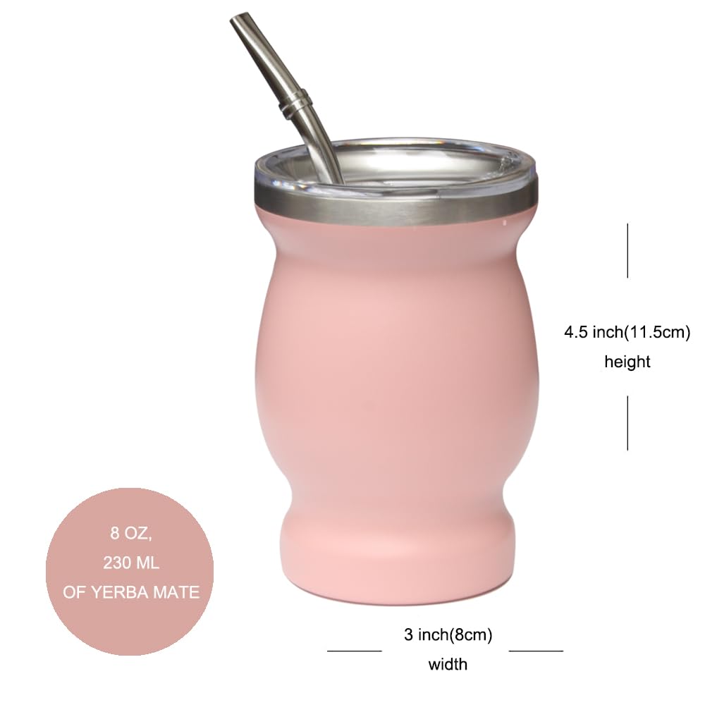 Beruth Bombilla Yerba Mate Gourd, 8oz Stainless Steel Tea Cup Set with a Multifunctional Lid, Two Straws and Cleaning Brushes, Double Walled Coffee Mug Heat Insulation Anti Scalding （Peachy Pink）