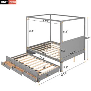 RORIGAT Queen Size Canopy Platform Bed with Twin Trundle and Three Storage Drawers, Wooden Daybed Frame Beds for Kids Teens Boys Girls,Gray