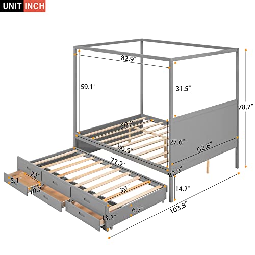 RORIGAT Queen Size Canopy Platform Bed with Twin Trundle and Three Storage Drawers, Wooden Daybed Frame Beds for Kids Teens Boys Girls,Gray