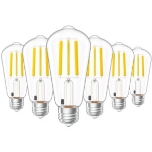 sunco 6 pack dusk to dawn indoor residential vintage led edison bulbs 75w equivalent 7w, 850 lumens non-dimmable st58 filament, 3000k warm white, e26 medium base 120v clear glass light bulbs