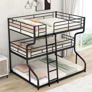 RORIGAT Metal Triple Beds Full XL Over Twin XL Over Queen Size, 3 Bunk Bed Frame with Long and Short Ladder for 3, Heavy Duty Bunk Beds for Kids Teens Adult,Black