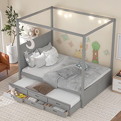 RORIGAT Queen Size Canopy Platform Bed with Twin Trundle and Three Storage Drawers, Wooden Daybed Frame Beds for Kids Teens Boys Girls,Gray