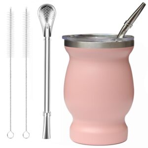 beruth bombilla yerba mate gourd, 8oz stainless steel tea cup set with a multifunctional lid, two straws and cleaning brushes, double walled coffee mug heat insulation anti scalding （peachy pink）