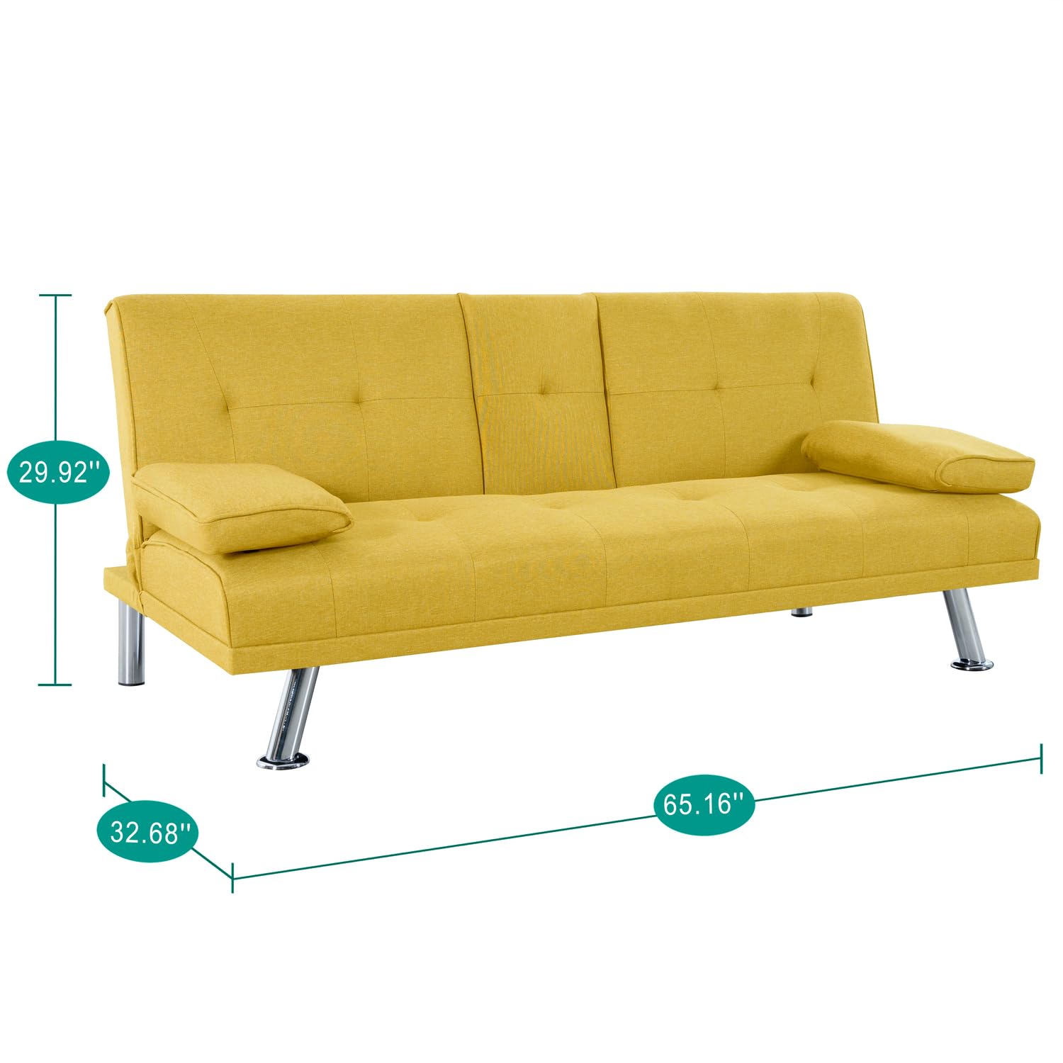 Naomi Home Transform Your Living Space with Comfort Green Futon Sofa Bed with Armrest, Cupholders, & Reclining Function, Ideal for Cozy Living Rooms! Sofa Bed Couch with Metal Legs, Yellow Linen