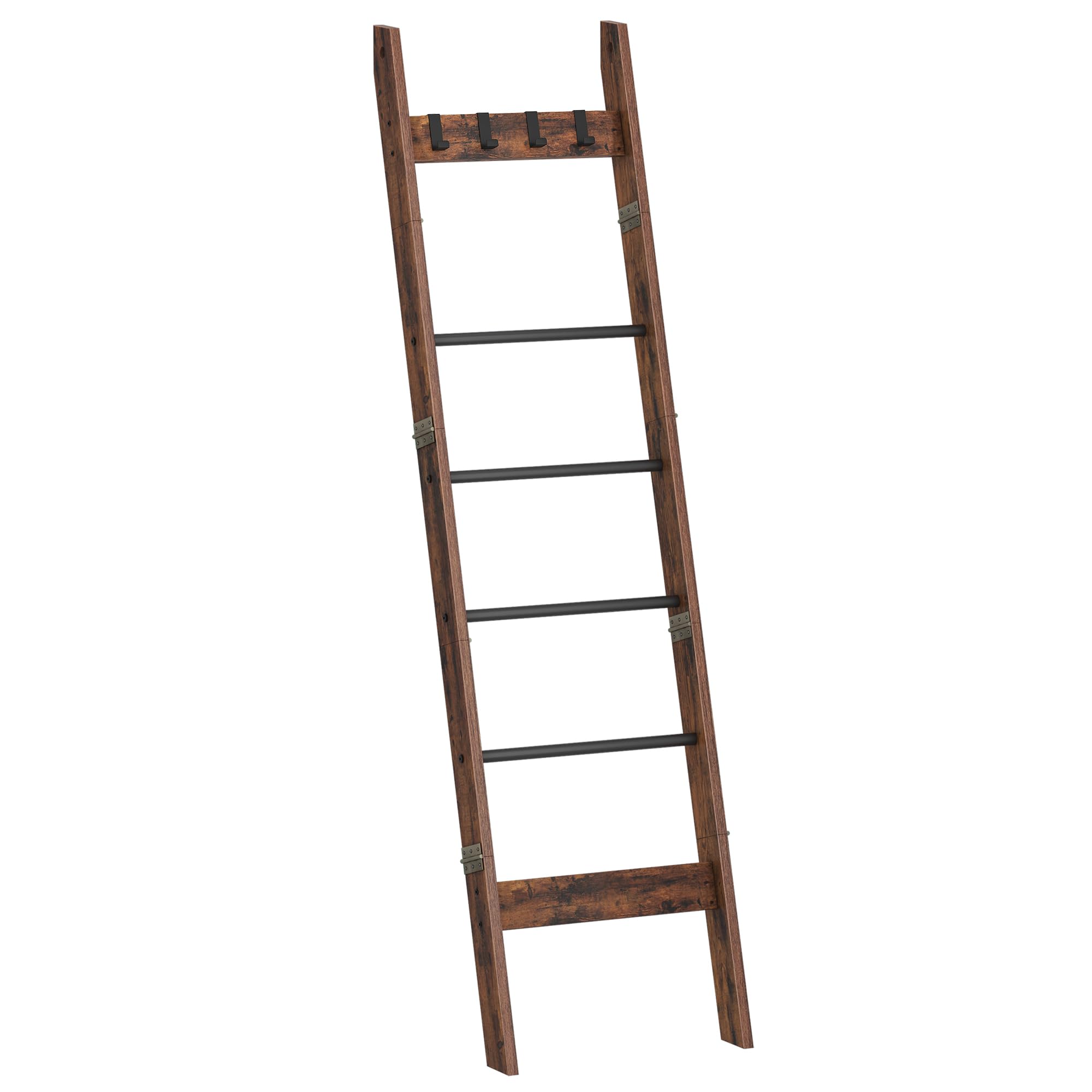 Hzuaneri Blanket Ladder Shelf for Living Room, Decorative Quilt Rack with 4 Removable Hooks, 6-Tier Farmhouse Ladder Holder Organizer for Bedroom, Rustic Brown BR31501B