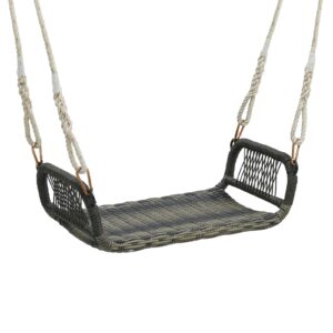 happygrill wicker porch swing, curved rattan swing seat with cozy armrests, patio wicker tree swing with 2 hanging hemp ropes, outdoor swing chair for front porch backyard