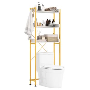 giantex over the toilet storage rack, 3-tier bathroom space saver organizer with adjustable bottom bar to fit most toilets, freestanding above toilet storage rack, easy assembly (white + gold)