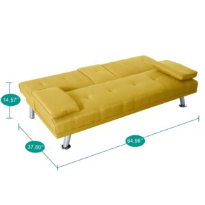 Naomi Home Transform Your Living Space with Comfort Green Futon Sofa Bed with Armrest, Cupholders, & Reclining Function, Ideal for Cozy Living Rooms! Sofa Bed Couch with Metal Legs, Yellow Linen