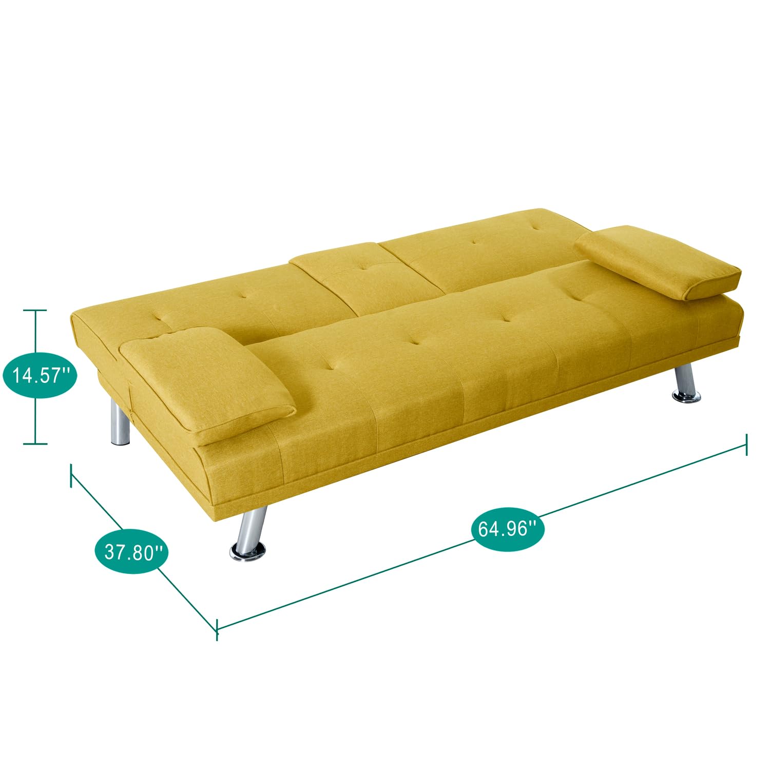 Naomi Home Transform Your Living Space with Comfort Green Futon Sofa Bed with Armrest, Cupholders, & Reclining Function, Ideal for Cozy Living Rooms! Sofa Bed Couch with Metal Legs, Yellow Linen