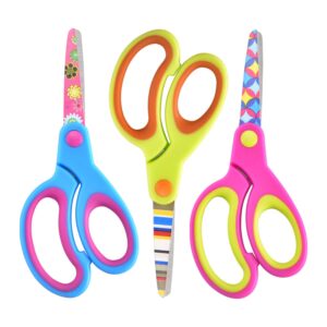 zicolu kids scissors set of 3 pack, safety children scissors, small craft scissors with blunt-tip floral print blade and soft grip, great for diy, arts, home, school classroom use, blue/purple/yellow