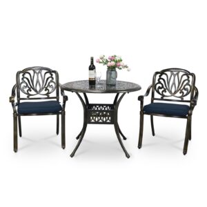 vivijason 3-piece patio bistro sets, all-weather cast aluminum bistro table set outdoor patio furniture, include 2 cushioned chairs and 35.4" round table, 2" umbrella hole, navy blue cushion