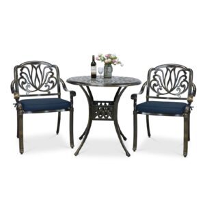 vivijason 3-piece patio furniture dining set, all-weather cast aluminum outdoor bistro set, include 2 chairs, 2 cushions and 31" round table w/umbrella hole for balcony, backyard, navy blue cushion