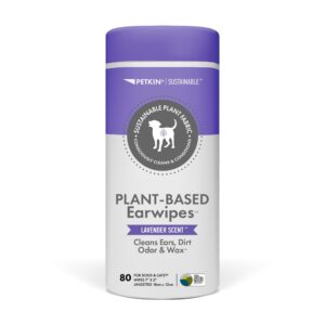 petkin plant-based earwipes, 80 wipes - biobased & sustainable pet ear wipes for dogs & cats - cleans ear area, dirt, odor & wax - consciously cleans & conditions - easy to use - lavender