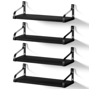 love-kankei black floating shelves for wall set of 4, 15.7 inch wood wall shelves with bracket, rustic hanging shelves for bathroom, bedroom, kitchen,living room, office display