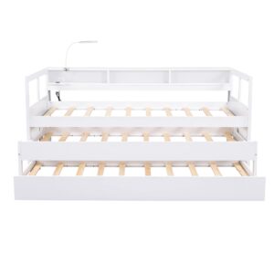 RORIGAT Twin XL Wood Daybed with 2 Trundles, 3 Storage Cubbies, 1 Light for Free and USB Charging Design, No Box Spring Needed, Wooden Platform Bed for Kids Teens Adults,White