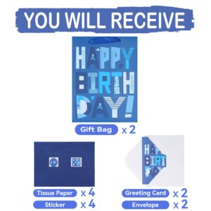 2 Pack 10.6” Medium Blue Gift Bag Set with Greeting Card and Tissue Papers (Blue Happy Birthday) for Men's Birthday Party, Kids' Parties, Baby Shower, or Baby Boy - 8.3”x4.3”x10.6”, 1 Pcs