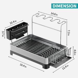 Urackify Dish Drying Rack for Kitchen Counter, 304 Stainless Steel Dish Rack, Multi-Function Dish Drainer with Wine Glass Holder, Large Dish Strainer with Cup Holder, Cutlery Holder, Large Size