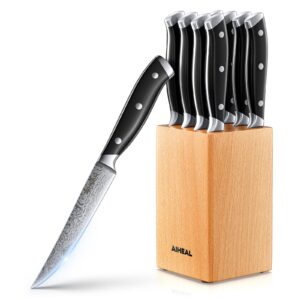 aiheal steak knives set of 8 with beech knife block, 4.5 inch steak knives with unique damascus pattern, non serrated stainless steel steak knife set, full tang handle design for kitchen dinner