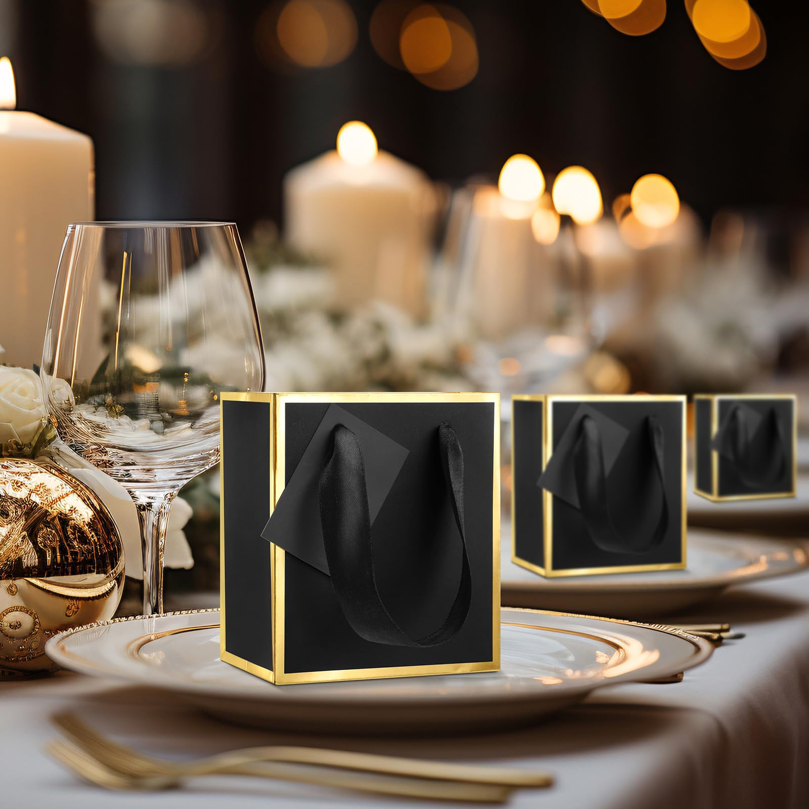 Yeaqee 50 Pcs Mini Metallic Paper Gift Bags with Handles 4x2.75x4.5'' Tiny Small Gift Bags with Thank You Tag for Thanksgiving Day Christmas Fall Holiday Wedding Bridesmaid(Black, Gold)