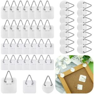 wenqik 45 pcs adhesive picture hanger foamboard picture hanging hooks without nails plastic picture hangers sticky hangers for home wall art picture photo frame bathroom closet kitchen (round,square)