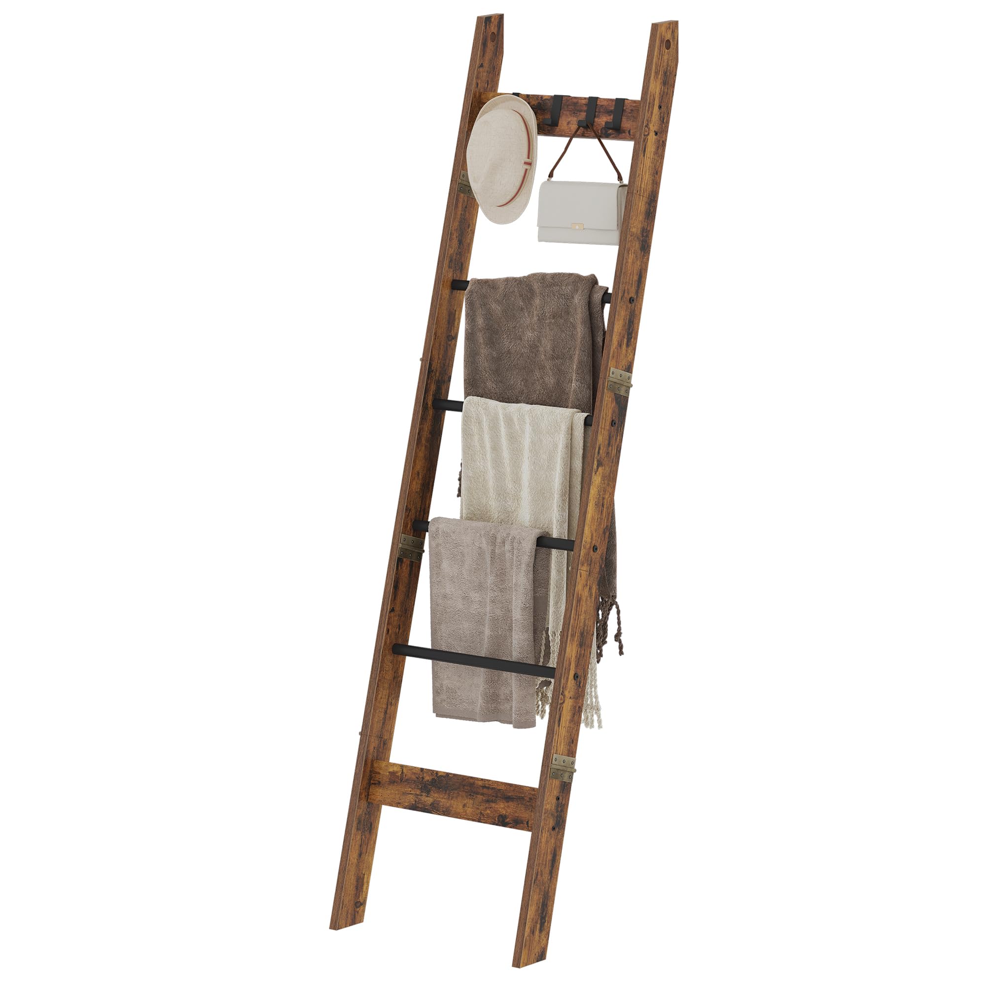 Hzuaneri Blanket Ladder Shelf for Living Room, Decorative Quilt Rack with 4 Removable Hooks, 6-Tier Farmhouse Ladder Holder Organizer for Bedroom, Rustic Brown BR31501B