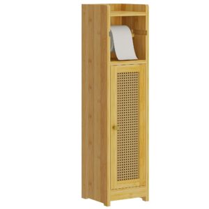 trifeble bathroom storage cabinet, small bathroom cabinet organizer, toilet paper storage cabinet, bamboo bathroom floor cabinet with rattan door, bathroom furniture for small spaces, natural