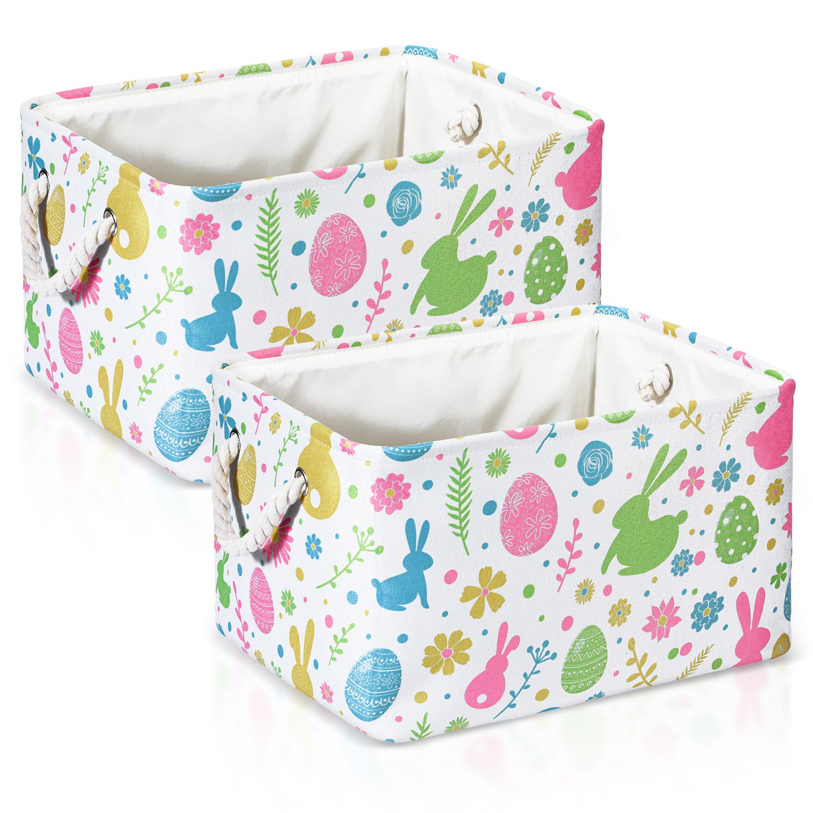 Sunnychicc Easter Basket, Easter Eggs Bunny Flower Foldable Storage Bins with Handles, Easter Canvas Cubes Fabric Collapsible Organizer Bag for Storage Clothes(Bunny Eggs, 2 Pcs)