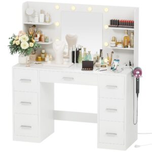 VICTONE Vanity Desk with LED Lighted Mirror&Power Outlet, 3 Model Lights Makeup Vanity Table with 7 Drawers and 6 Storage Shelves for Bedroom and Dressing Room (White)