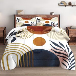 wecozy comforter set queen size with 2 pillowcases, gold golden yellow mid century 3 pcs bedding set for kids and adults, sun boho geometric leaf soft comforter set for bedroom bed decor