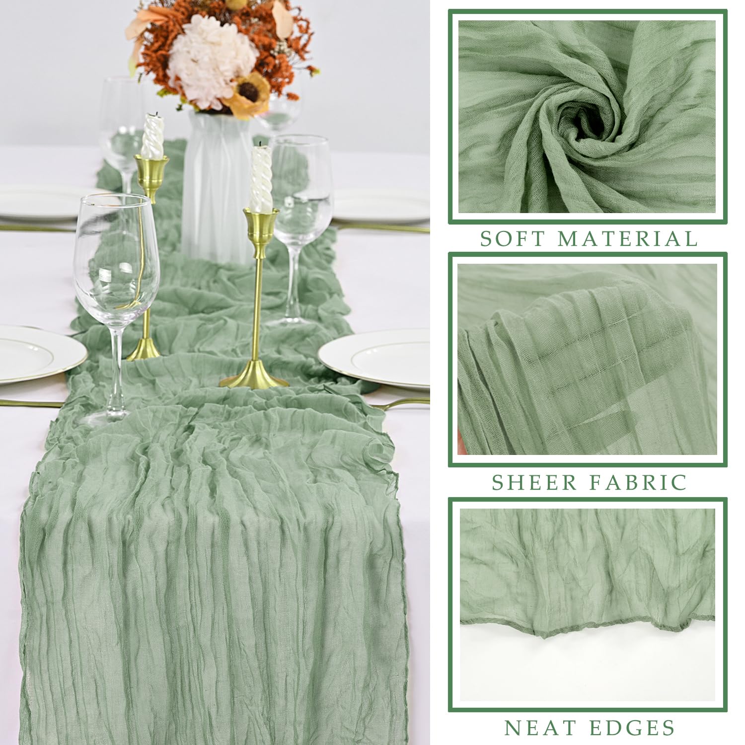 12 Pcs 10FT Sage Green Cheesecloth Table Runner 35 x 120 Inches Long Runner for Tables Gauze Fabric Boho Table Runner Decoration Rustic Sheer Runner for Wedding Baby Shower Birthday Party (Sage Green)