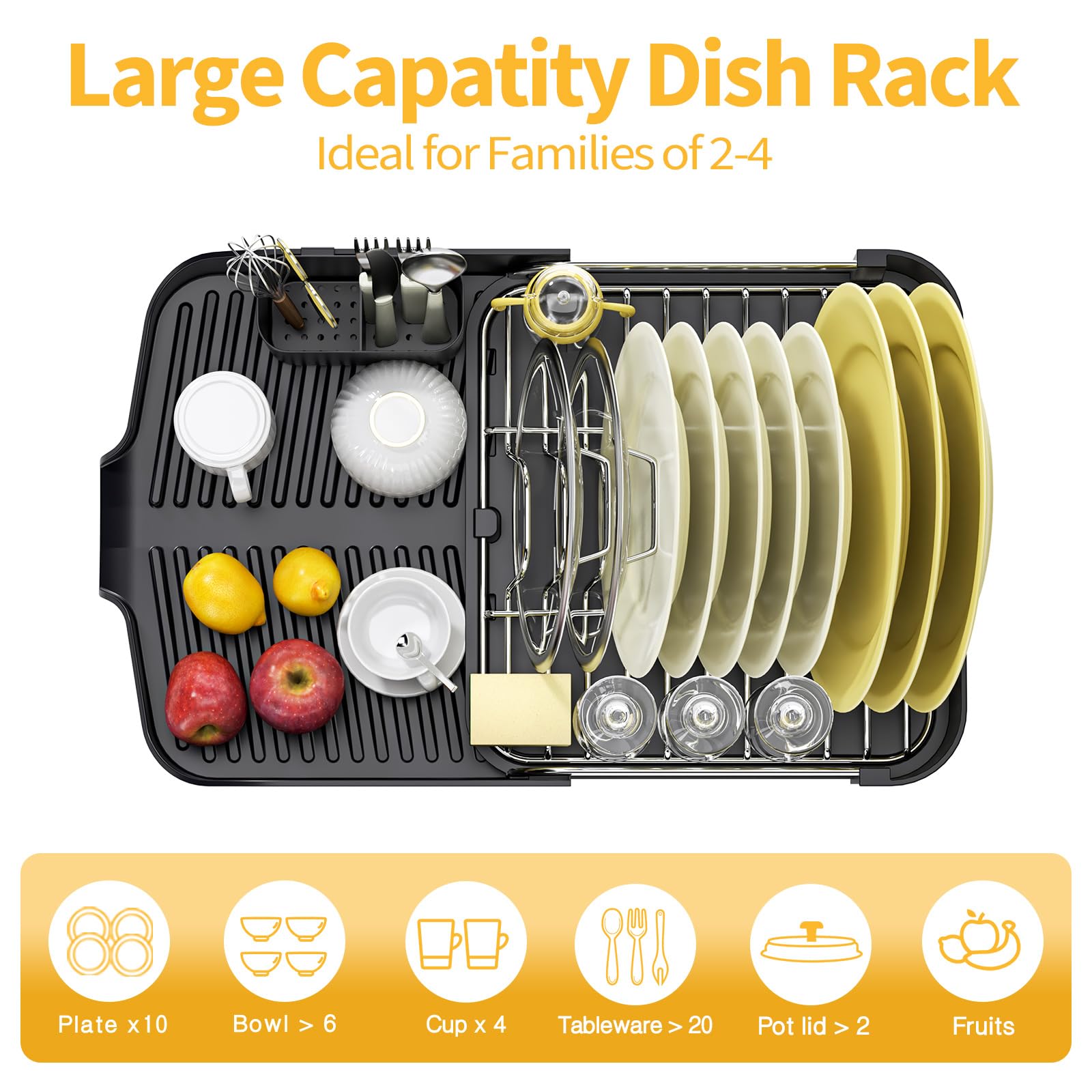 Urackify Extendable Dish Drying Rack, Foldable Dish Rack, Adjustable Dish Drainer for Kitchen - Non-Scratch and Movable Cutlery Holder and Drainage Spout, Black